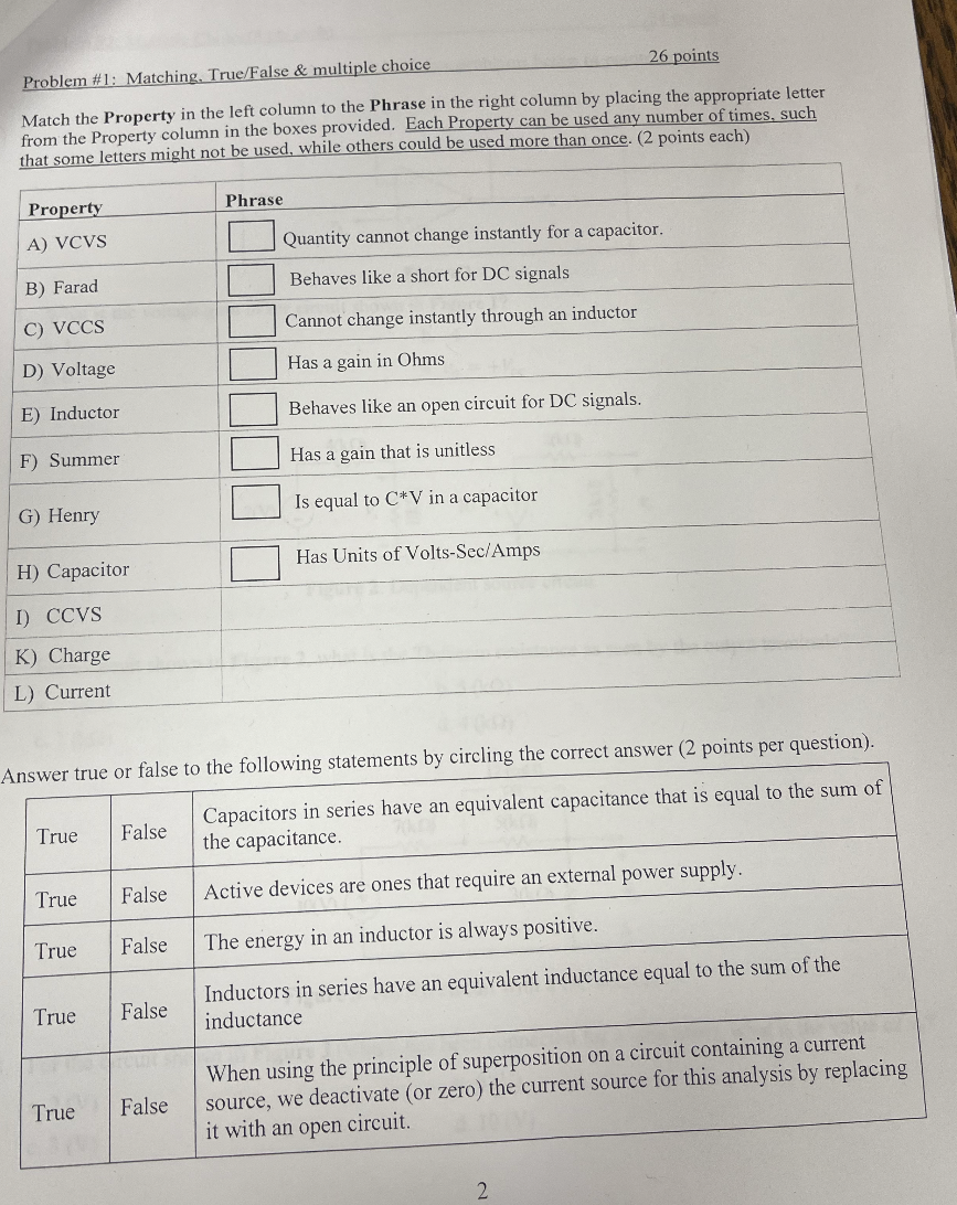 Solved Problem \#1: Matching. True/False \& multiple choice | Chegg.com