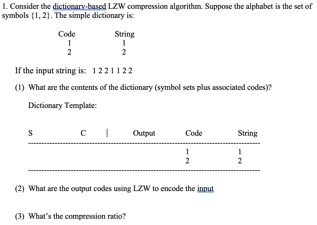 Solved 1. Consider the dictionary-based LZW compression | Chegg.com