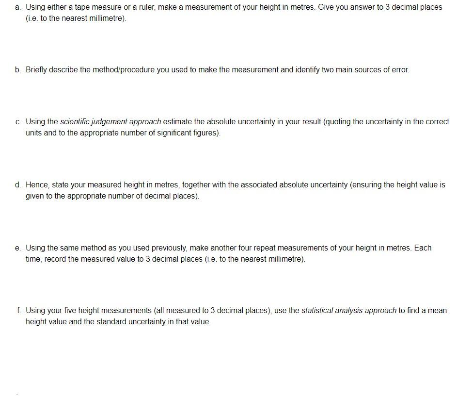 Solved a. Using either a tape measure or a ruler, make a | Chegg.com