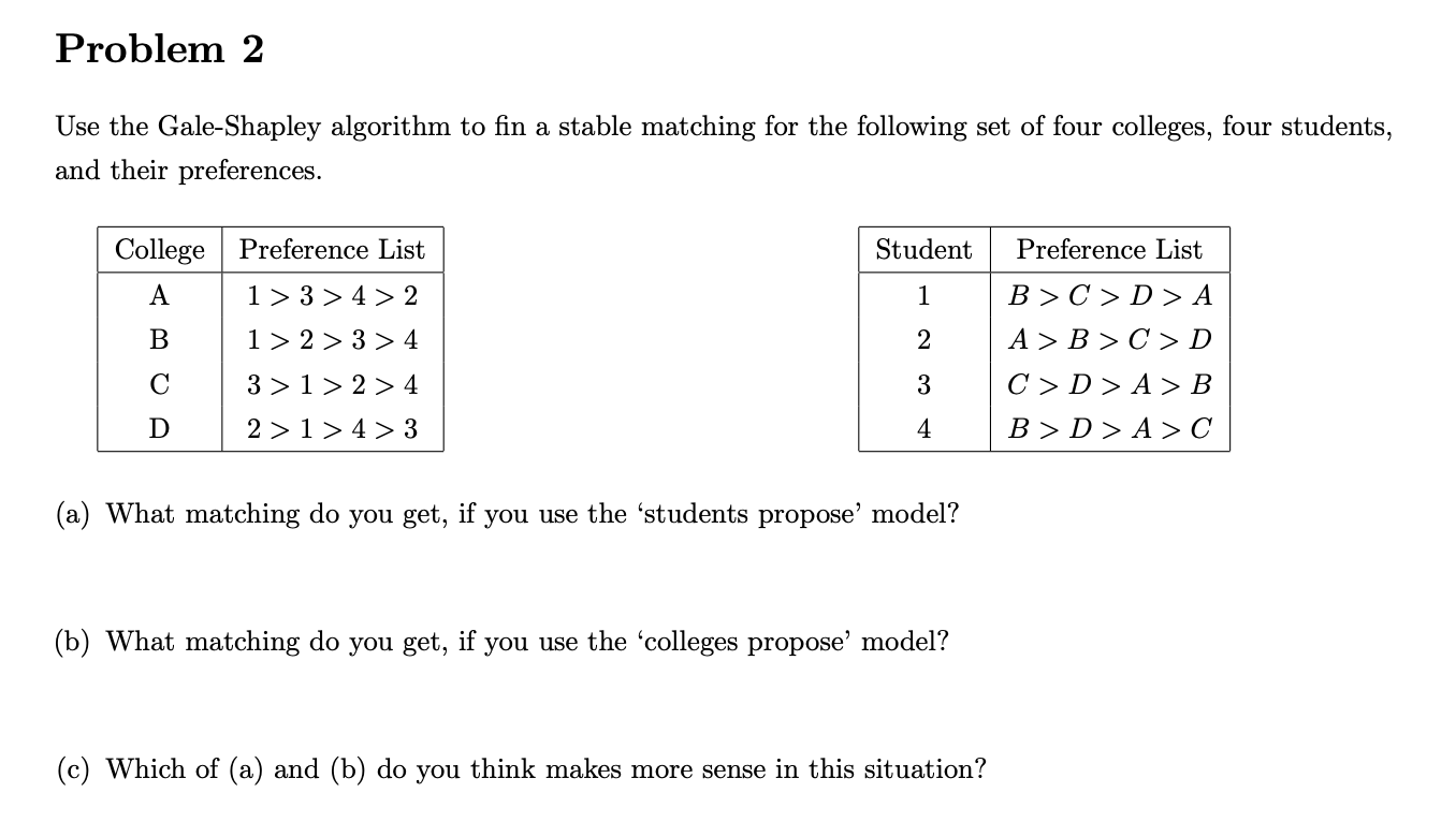 Solved Problem 2 Use The Gale Shapley Algorithm To Fin A