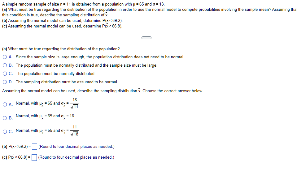 Solved A simple random sample of size n=11 is obtained from | Chegg.com