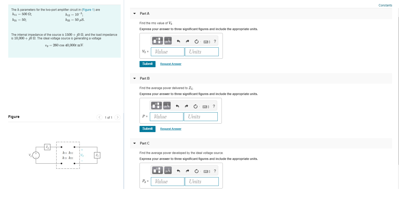 Solved Constants Part A The h parameters for the two-port | Chegg.com