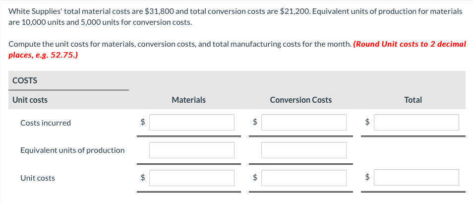 Solved White Supplies' total material costs are $31,800 and | Chegg.com