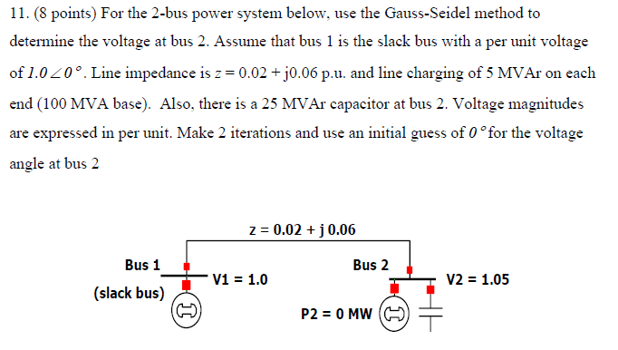 Solved 11. (8 points) For the 2-bus power system below, use | Chegg.com