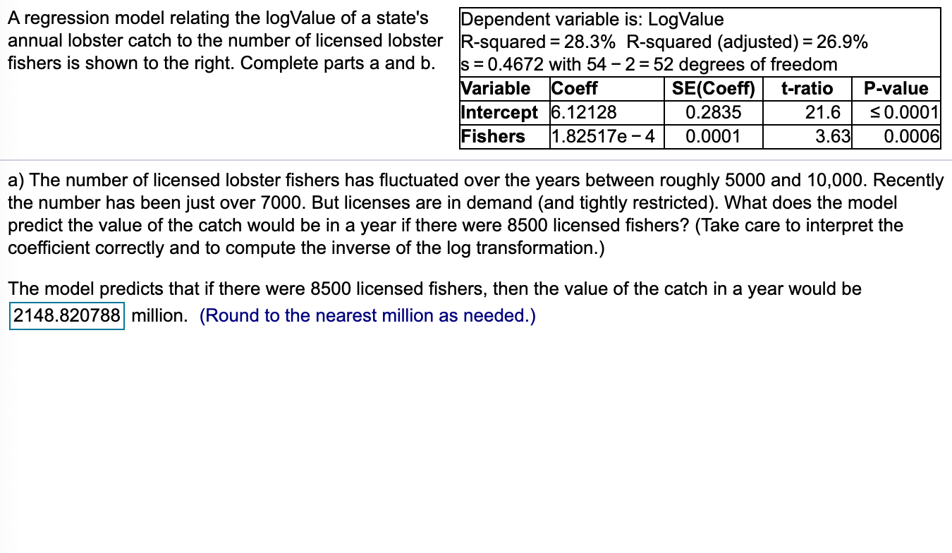 Solved A regression model relating the logValue of a state's | Chegg.com