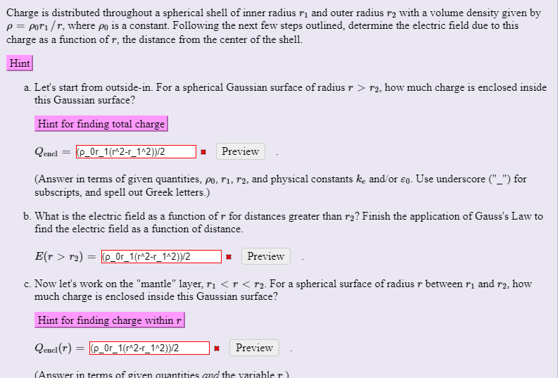 Solved Charge is distributed throughout a spherical shell of | Chegg.com