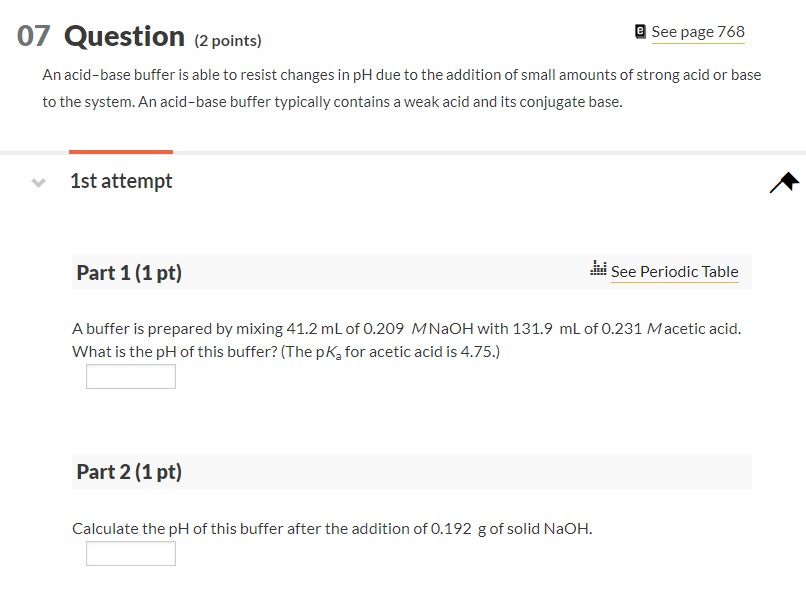 Solved An acid-base buffer is able to resist changes in pH | Chegg.com