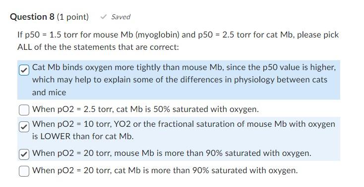 Solved If p50=1.5 torr for mouse Mb (myoglobin) and p50=2.5 | Chegg.com