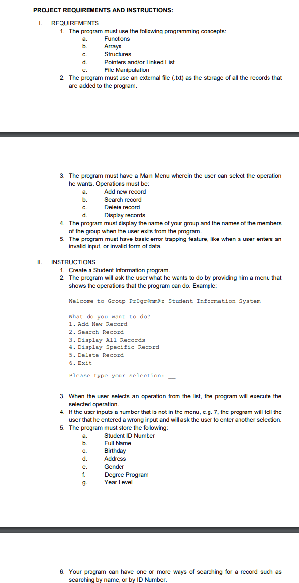 Solved PROJECT REQUIREMENTS AND INSTRUCTIONS: I. | Chegg.com