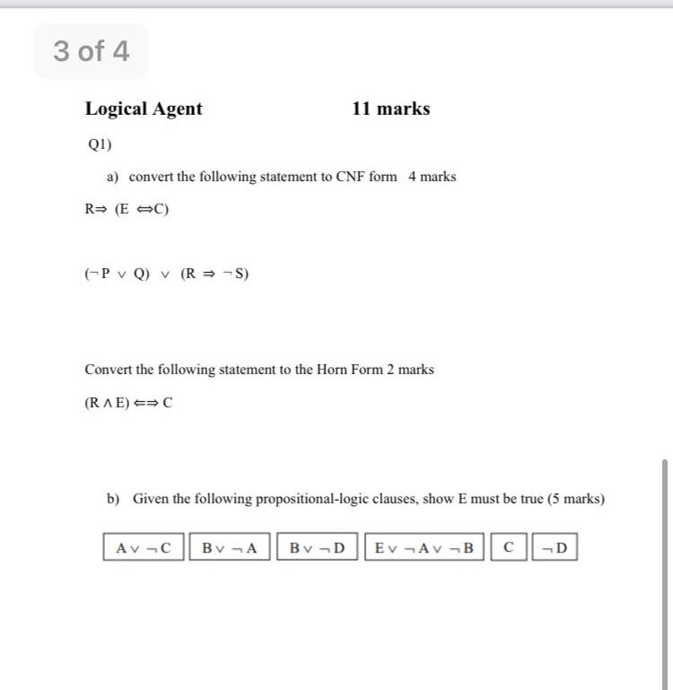 Solved Logical agent 10 marks Question 3) a) Convert the | Chegg.com
