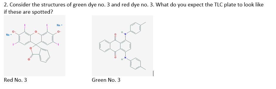 Solved 2. Consider the structures of green dye no. 3 and red | Chegg.com