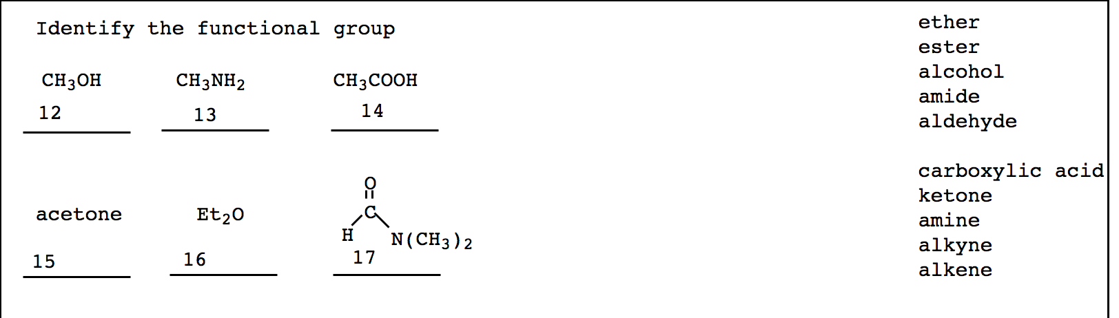 Solved Identify the functional group CH3OH CH3NH2 CH3COOH 14 | Chegg.com