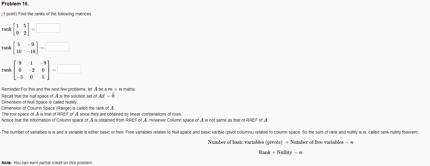 Solved Problem 16. (1 point) Find the ranks of the following | Chegg.com