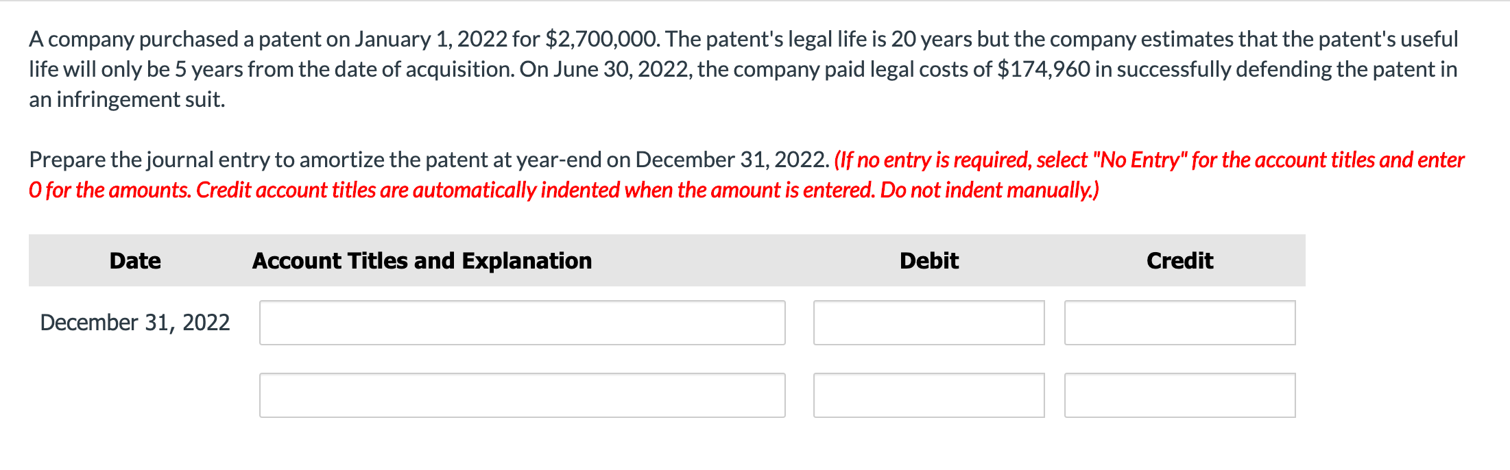 Solved A company purchased a patent on January 1, 2022 for | Chegg.com