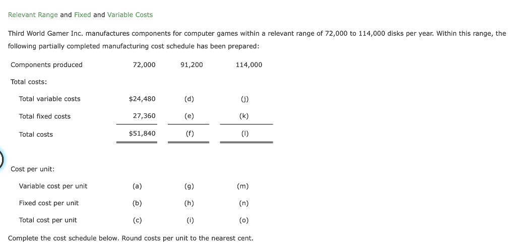 Solved Relevant Range and Fixed and Variable Costs Third | Chegg.com