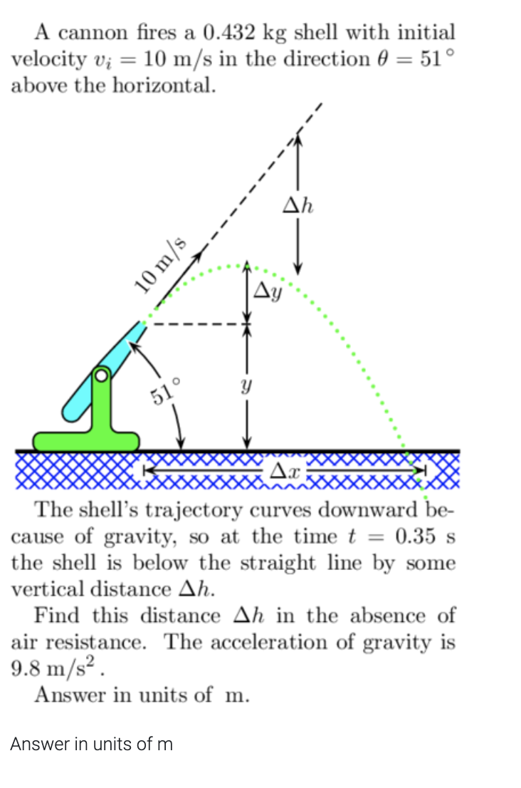 Solved A cannon fires a 0.432 kg shell with initial velocity | Chegg.com