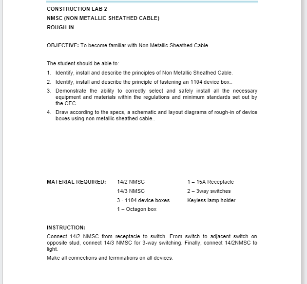 Solved CONSTRUCTION LAB 2 NMSC (NON METALLIC SHEATHED CABLE) | Chegg.com