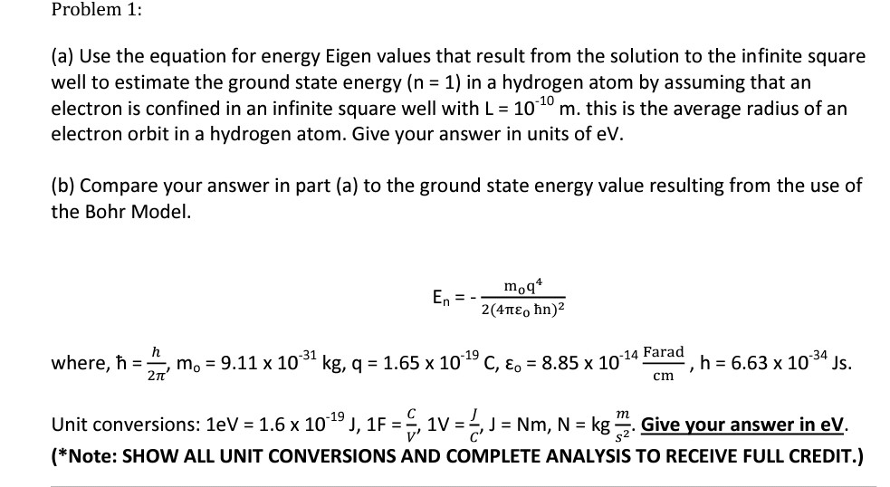 Solved Problem 1: (a) Use the equation for energy Eigen | Chegg.com