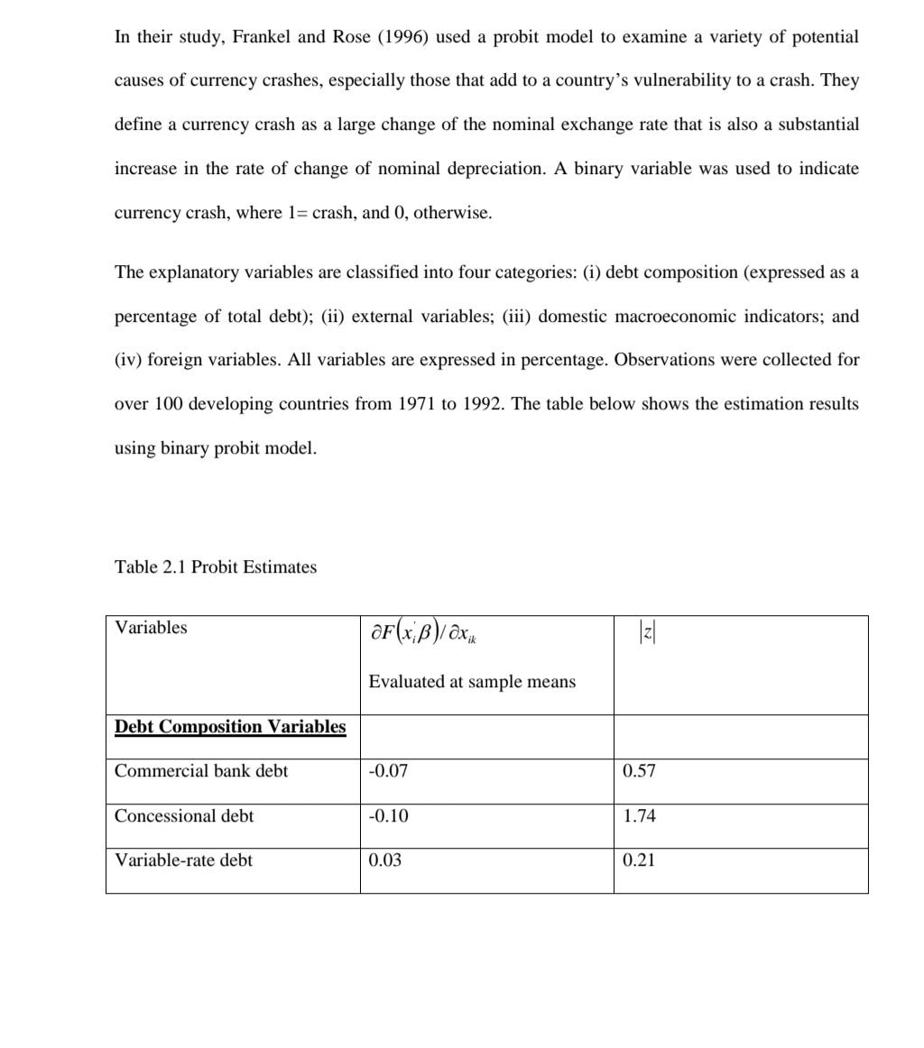 In their study, Frankel and Rose (1996) used a probit | Chegg.com