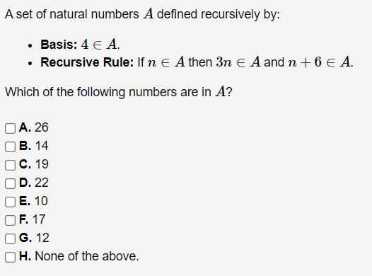 Solved A set of natural numbers A defined recursively by: • | Chegg.com