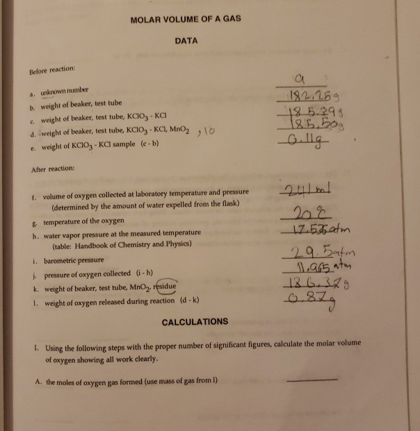 Solved MOLAR VOLUME OF A GAS DATA Before reaction: a. | Chegg.com