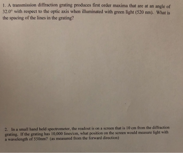 Solved 1. A transmission diffraction grating produces first | Chegg.com