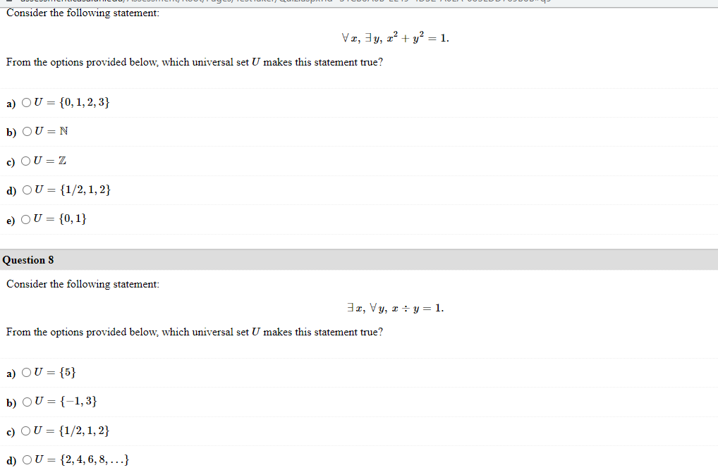 Solved Consider The Following Statement ∀x ∃y X2 Y2 1 From