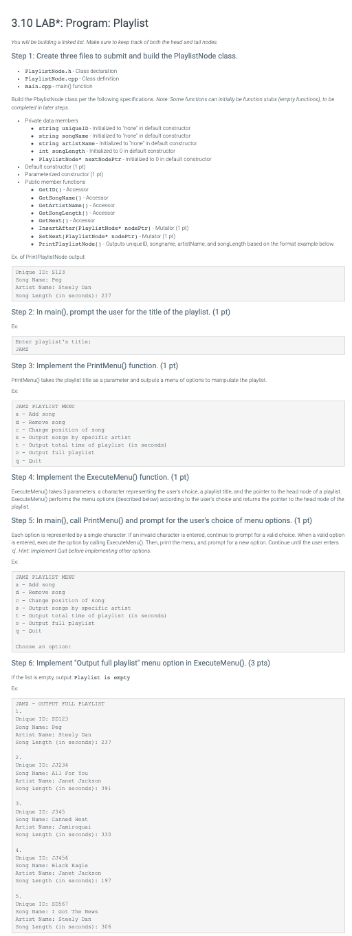 Solved 3.10 LAB*: Program: Playlist You wil be builaing a | Chegg.com