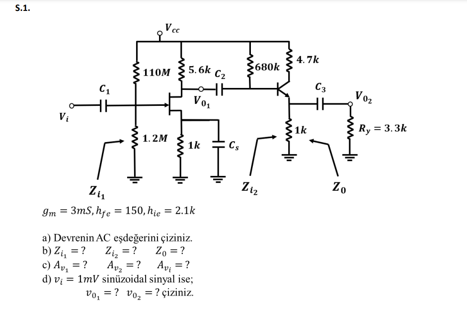 Solved gm=3mS, hfe=150, hie=2.1ka) Draw the AC equivalent of | Chegg.com