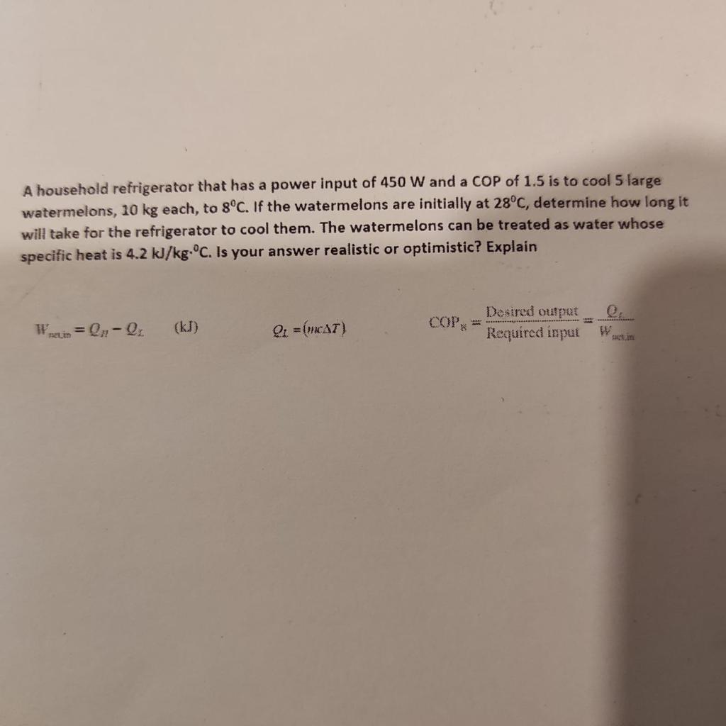 Solved A household refrigerator that has a power input of | Chegg.com