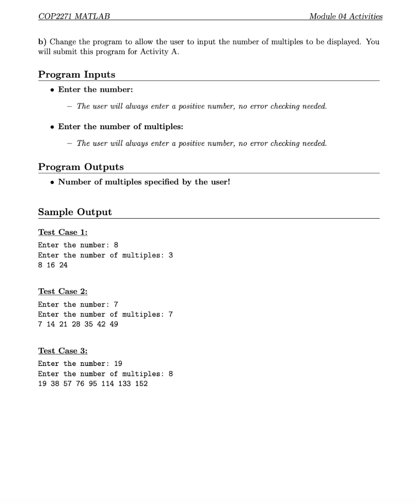 Solved COP2271 MATLAB Module 04 Activities Activity A a) | Chegg.com