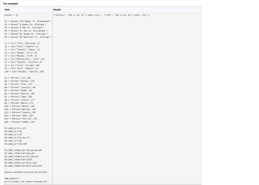 Solved For example: Test houses = [] hl House ('123 Happy | Chegg.com
