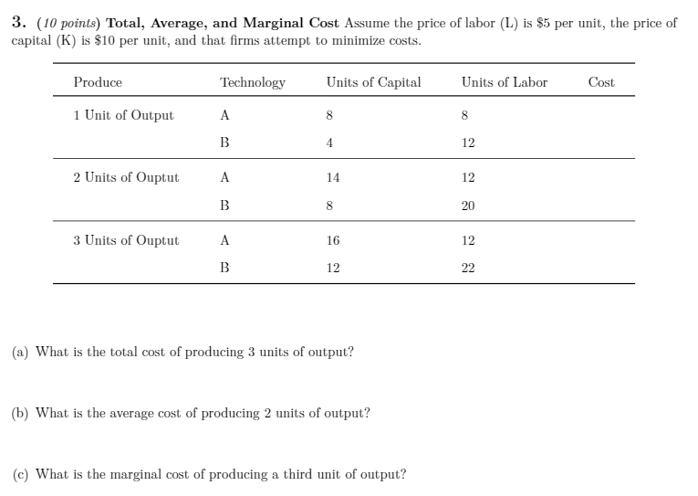 Solved 3. (10 points) Total, Average, and Marginal Cost | Chegg.com