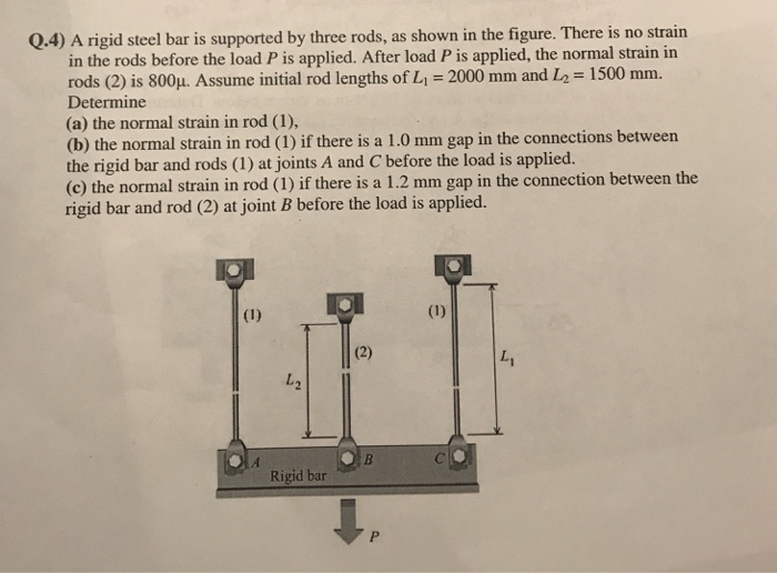 Solved Q.4) A rigid steel bar is supported by three rods, as | Chegg.com