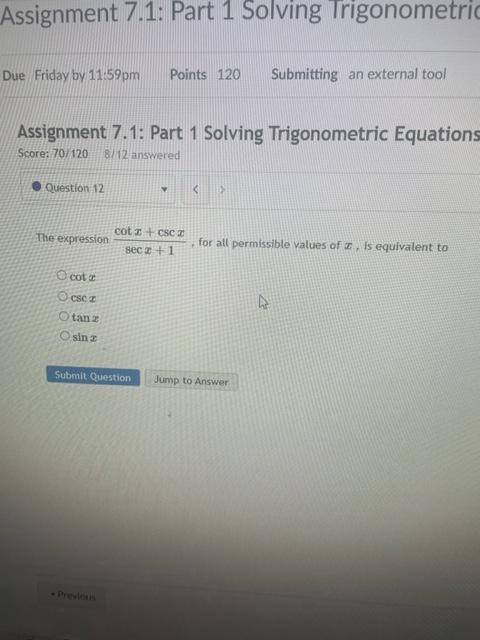 Solved Assignment 7.1: Part 1 Solving Trigonometric Due | Chegg.com