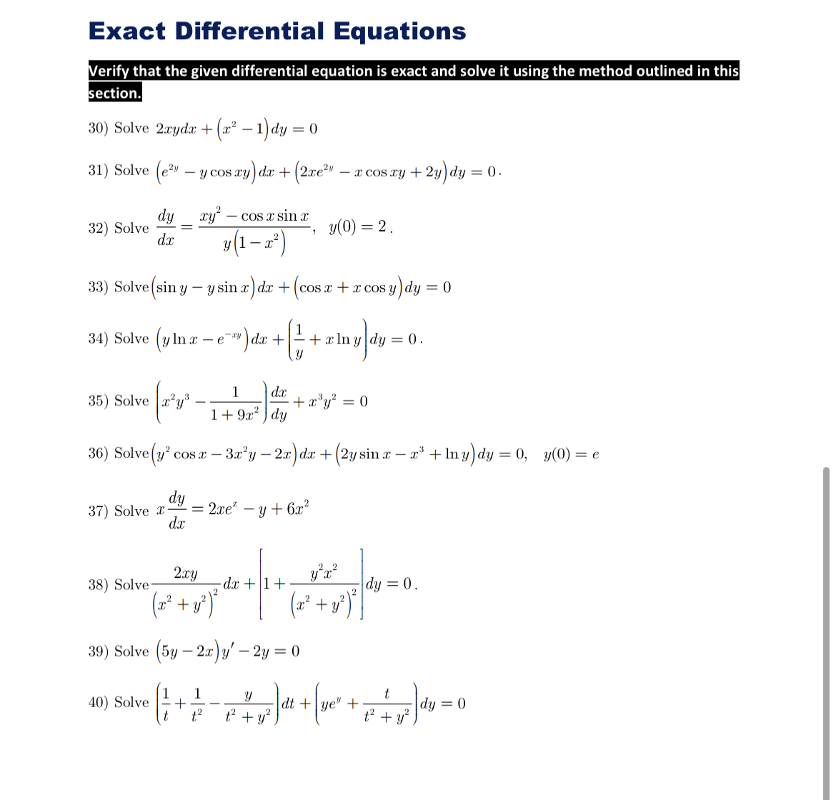 Verify that the given differential equation is exact | Chegg.com