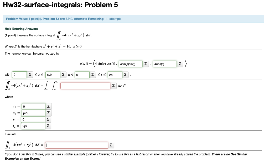 Solved Hw32-surface-integrals: Problem 5 Problem Value: 1 | Chegg.com