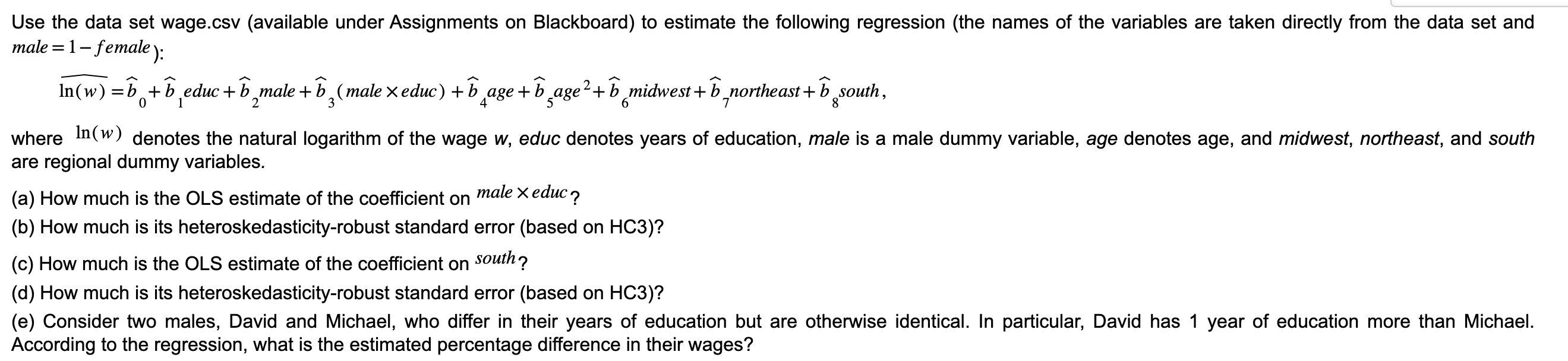 Use the data set wage.csv (available under | Chegg.com