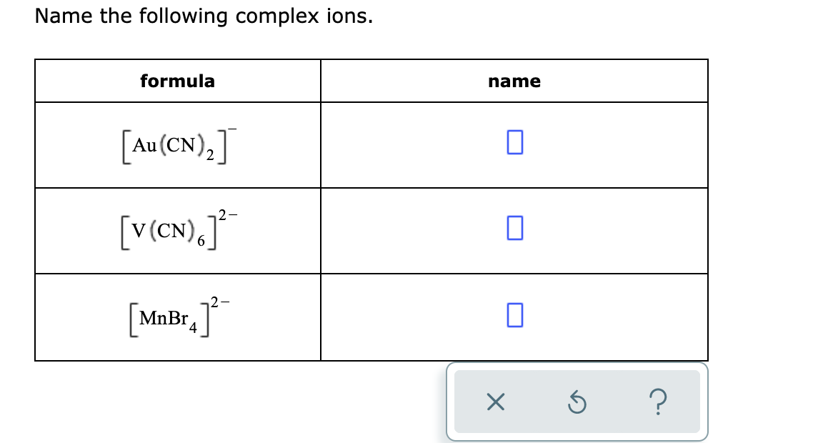 Solved Name the following complex ions. formula name | Chegg.com