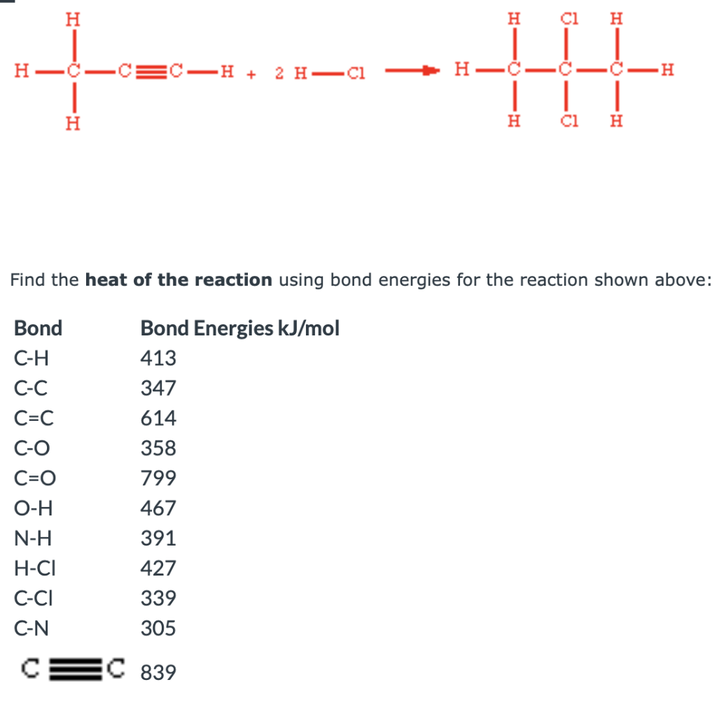Solved Find the heat of the reaction using bond energies for | Chegg.com