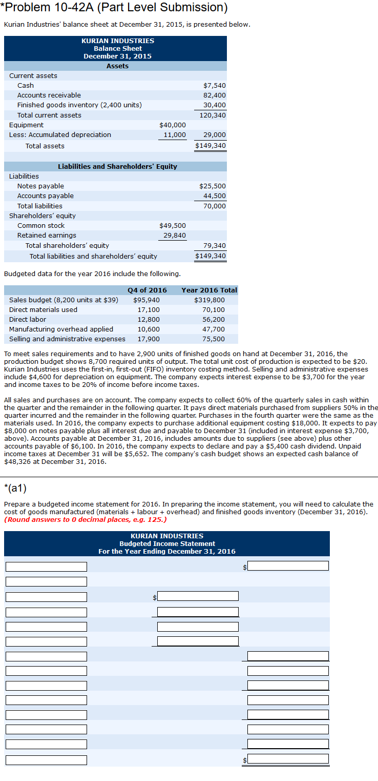 Solved *Problem 10-42A (Part Level Submission) Kurian | Chegg.com