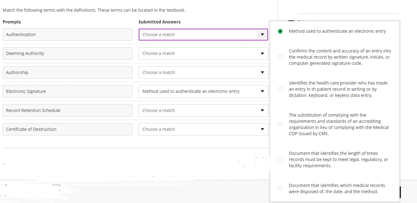 Method used to authenticate an electronic entry | Chegg.com