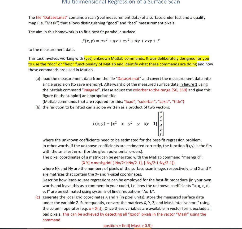 Multidimensional Regression of a Surface Scan The | Chegg.com