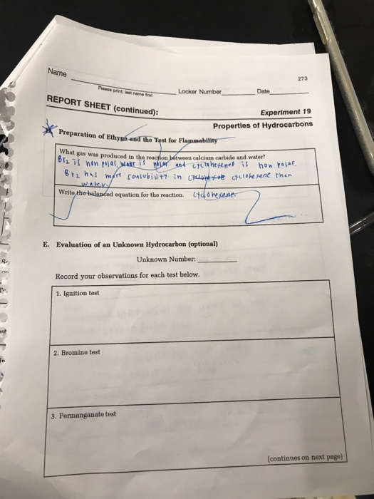 Name 273 Locker NumberDae REPORT SHEET (continued) | Chegg.com