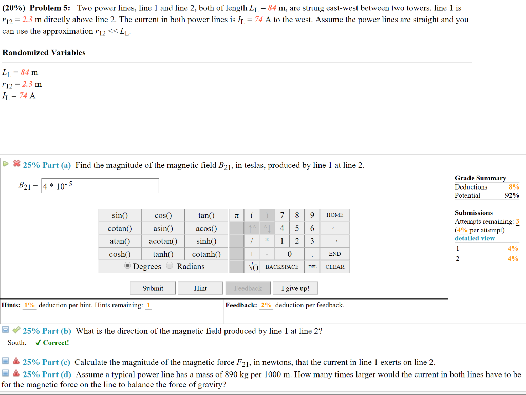 Solved (20%) Problem 5: Two power lines, line l and line 2, | Chegg.com