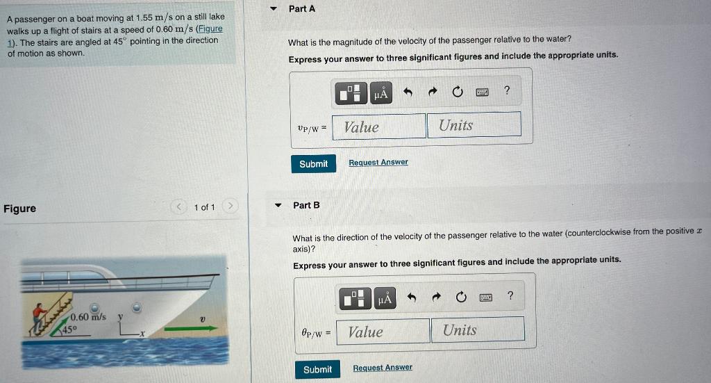 Solved Part A A passenger on a boat moving at 1.55 m/s on a | Chegg.com