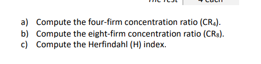 Solved a) Compute the four-firm concentration ratio (CR4). | Chegg.com