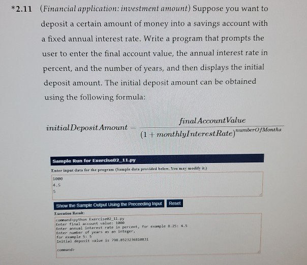 Solved *2.11 (Financial application: investment amount) | Chegg.com