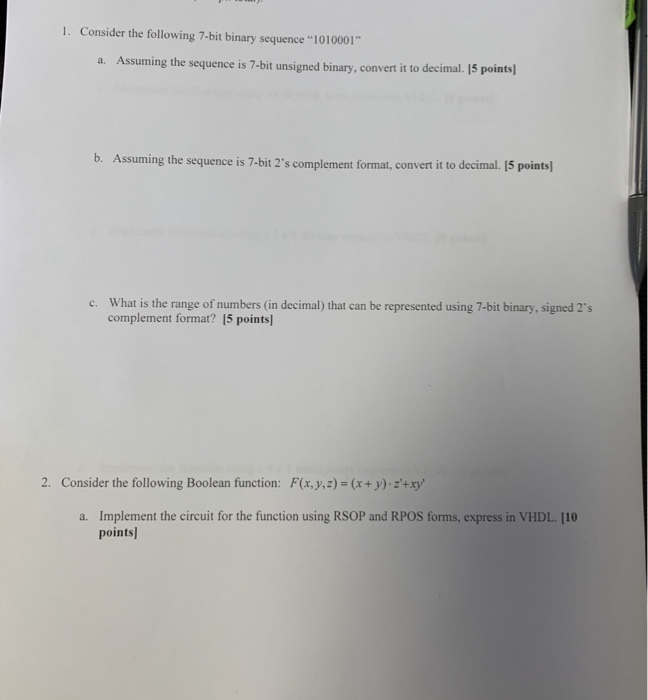 Solved 1. Consider the following 7-bit binary sequence | Chegg.com