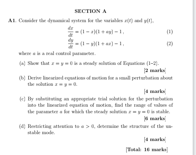 Solved SECTION A A1. Consider the dynamical system for the | Chegg.com